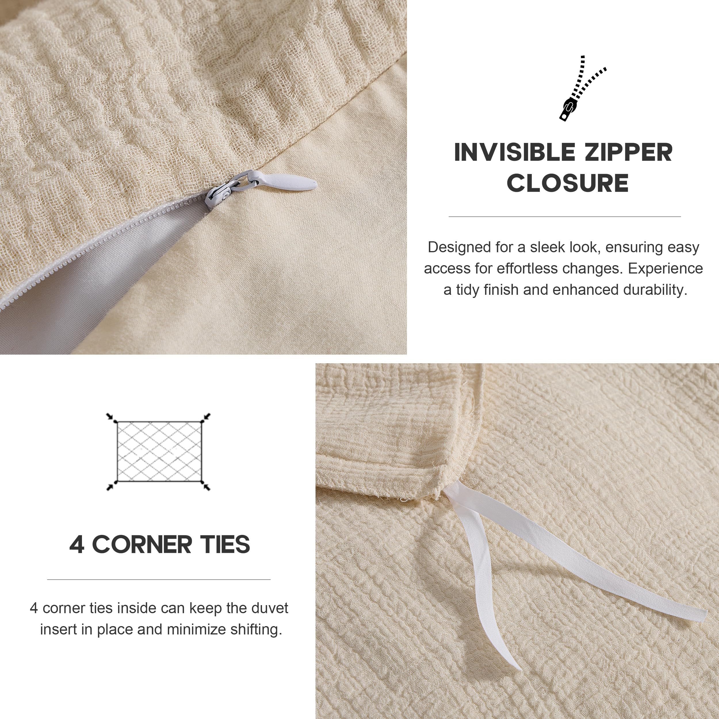 Simple&Opulence Linen Cotton Muslin Duvet Cover Set Queen Size, 3Pcs Khaki Ultra Soft Breathable 3-Layer Gauze Minimalist Comforter Cover, Seersucker Bedding Set with Zipper Closure for All Seasons