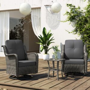 uixe 3 pieces outdoor swivel rocking chairs patio furniture sets, pe wicker patio swivel rocker chair glider bistro set with side table & thick cushions for porch, pool, deck, garden - dark gray