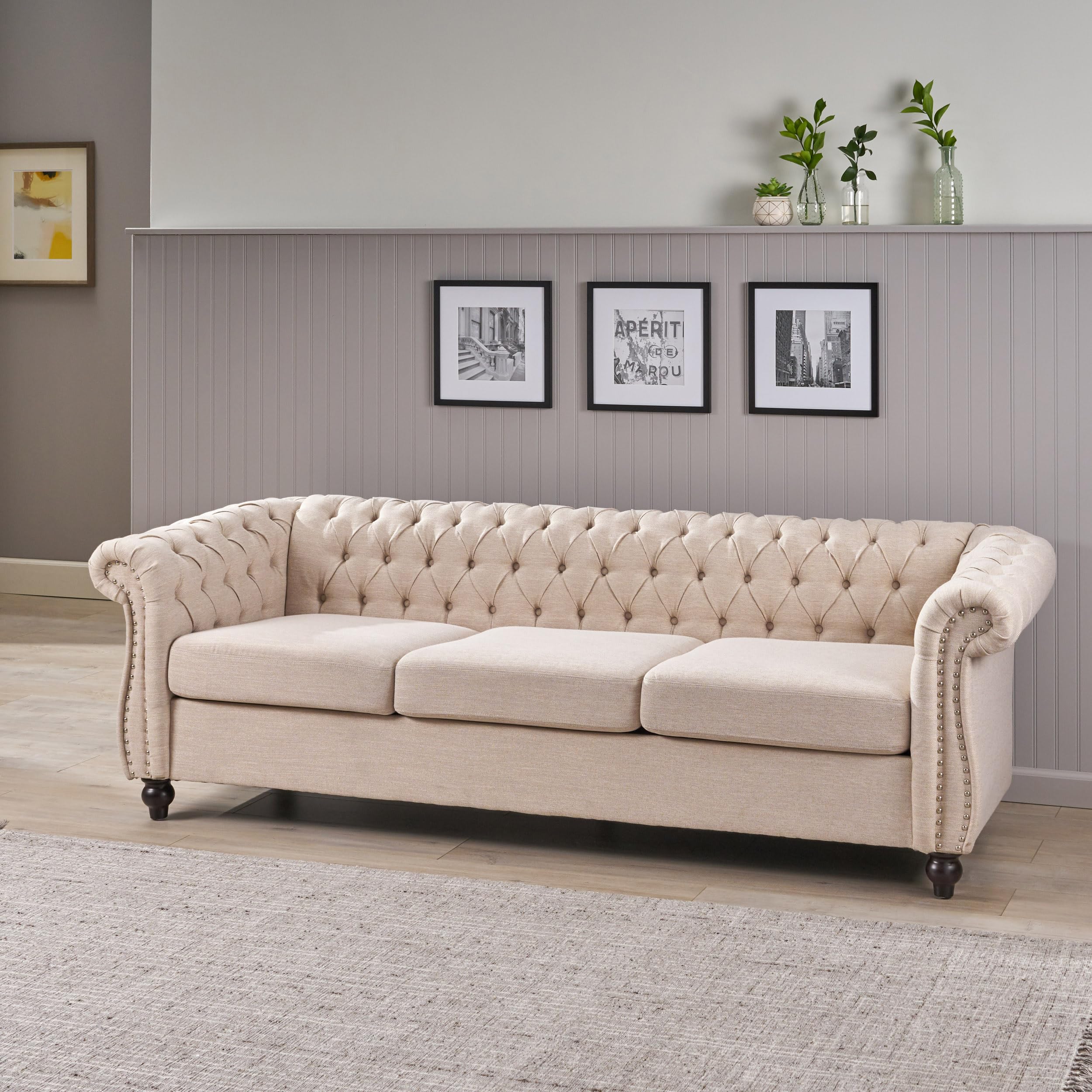 KEIKI 84" Sofa Couch 3-Seater with Button-Tufted Fabric,Mid Century Modern Design Chesterfield Style, Beige