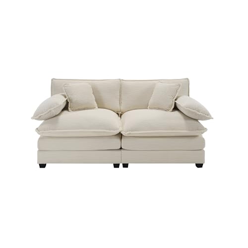 Deep Seat Sectional Sofa Cloud Couch with 2 Ottomans & Soft Pillows, Oversized Corduroy Upholstered Modular Loveseat Convertible Sleeper Sofabed for Living Room, Apartment, Small Space