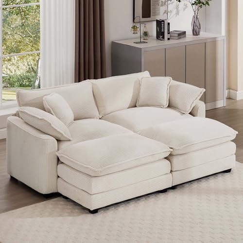 Deep Seat Sectional Sofa Cloud Couch with 2 Ottomans & Soft Pillows, Oversized Corduroy Upholstered Modular Loveseat Convertible Sleeper Sofabed for Living Room, Apartment, Small Space