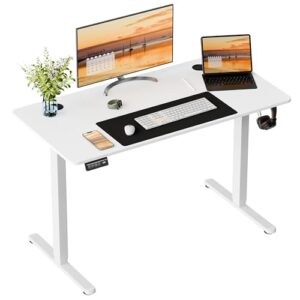 meilocar electric standing desk, height adjustable desk 48 x 24 inch sit stand up desk, home office desk with splice board, computer desk with memory preset, metal bracket, white frame and white top