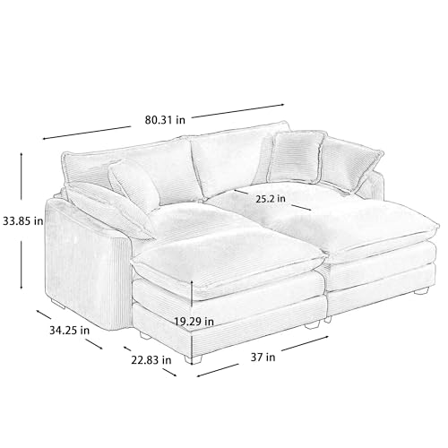 Deep Seat Sectional Sofa Cloud Couch with 2 Ottomans & Soft Pillows, Oversized Corduroy Upholstered Modular Loveseat Convertible Sleeper Sofabed for Living Room, Apartment, Small Space