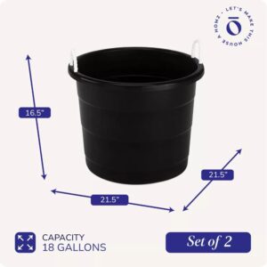 (2 Pack) - 18 Gallon Round Storage Tub with Rope Handles, Open Top, Multi-Purpose Heavy Duty Plastic for Toys, Laundry, and More - Black, 0402GRBK.08 (Black)