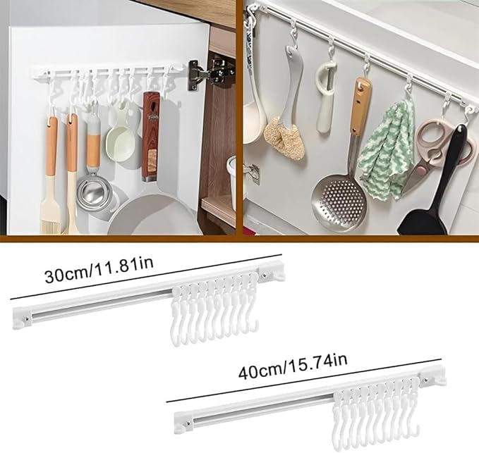 Aasipsuo Multifunctional Slide Rail Hook, Key Hook Track Wall Mounted, Hanging Pot Rack Hanger, Adhesive Coat Hook Rail, Multi-Purpose Rail Hook for Kitchen Cabinet (30cm/11.81in)