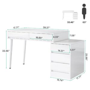 Tribesigns White Desk with 5 Drawers, High Gloss White Modern Home Office Desk with Storage Drawers and Printer Stand, Reversible Computer Desk Vanity Desk for Bedroom, Living Room