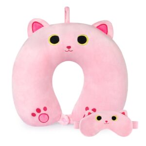 prewplam travel neck pillow for kids, cute cat pillow with eye mask for sleeping journey, u-shaped neck pillow for traveling,rest neck support for long flights cars,birthday gifts(pinks)