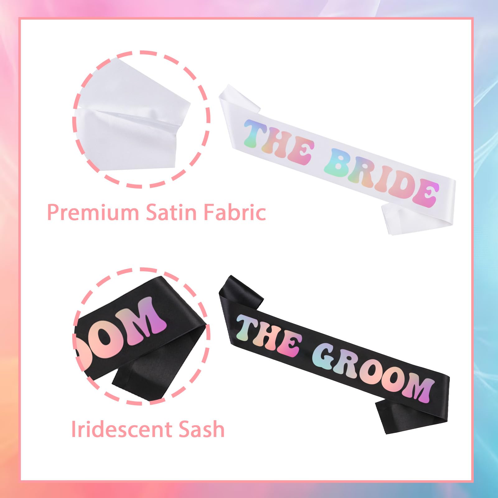 Diartpaint Iridescent The Bride and The Groom Engagement Sash, Holographic Foil Shiny Satin Sash for Bridal Shower Bachelorette Wedding Party Decorations Favors Accessories