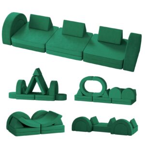 neoriver kids couch, 13pcs large modular kids play couch with 2 tunnels, fold out toddler couch for playroom bedroom, over 30 creative gameplay kids sectional foam sofa for boys and girls, green