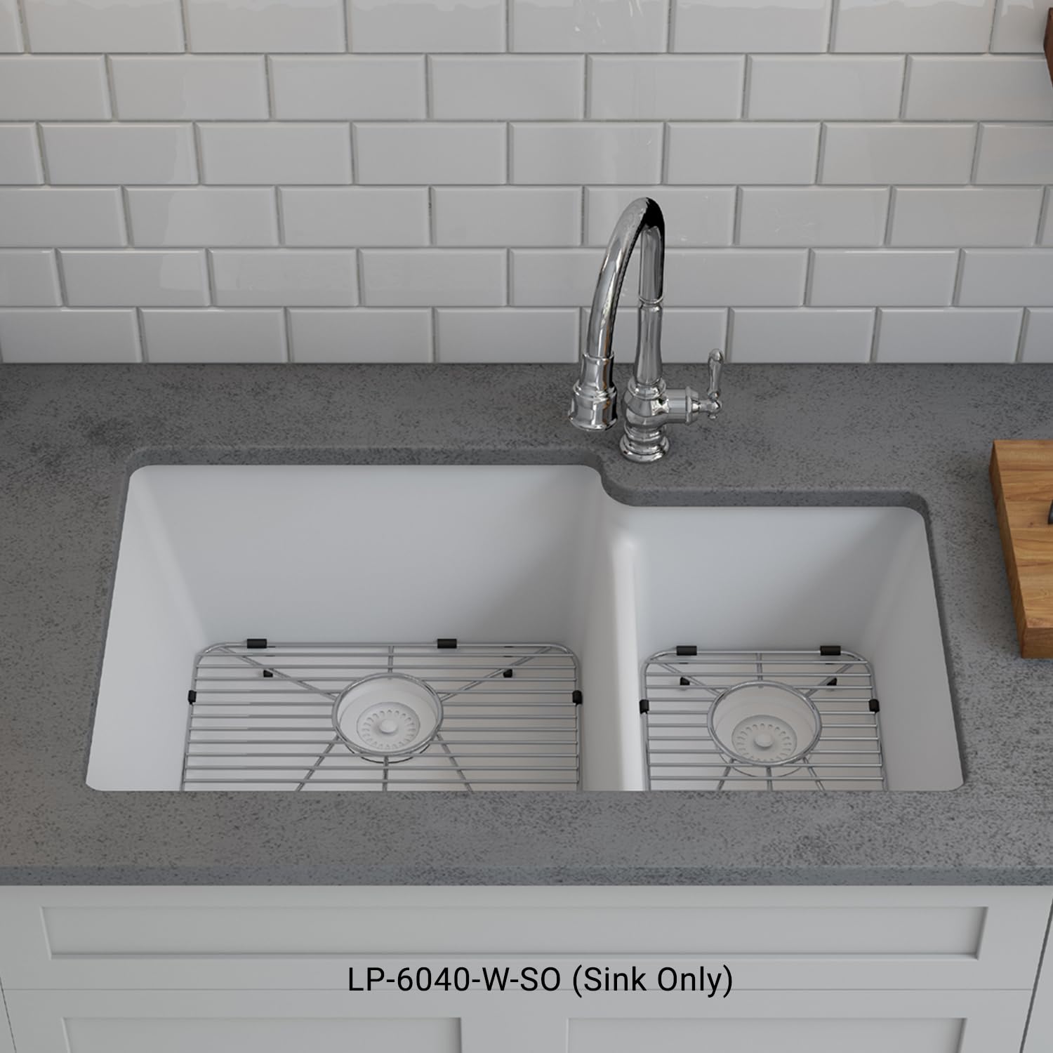 32" x 19" Quartz Kitchen Sink, 60/40 Double Bowl Sink, Drop-in Sink, Undermount Sink, Granite Kitchen Sink, White Kitchen Sink, Lexicon Platinum LP-6040-W-SO