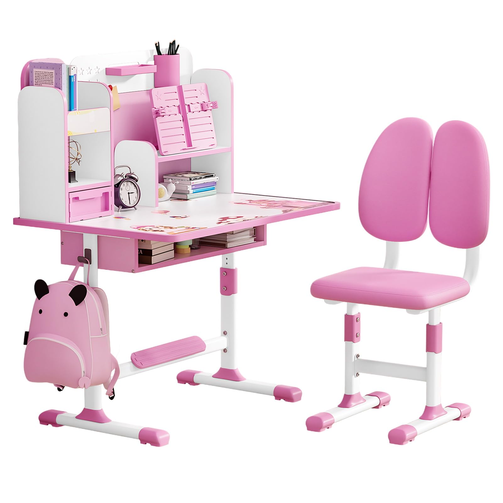 Kids Study Table and Chair Set, 2Pcs/Set Ergonomic Desk Chair with Book Stand, Height Adjustable Children School Study Table Chair Set with Sitting Corrector, Foot Pedal Partition Design (Pink)