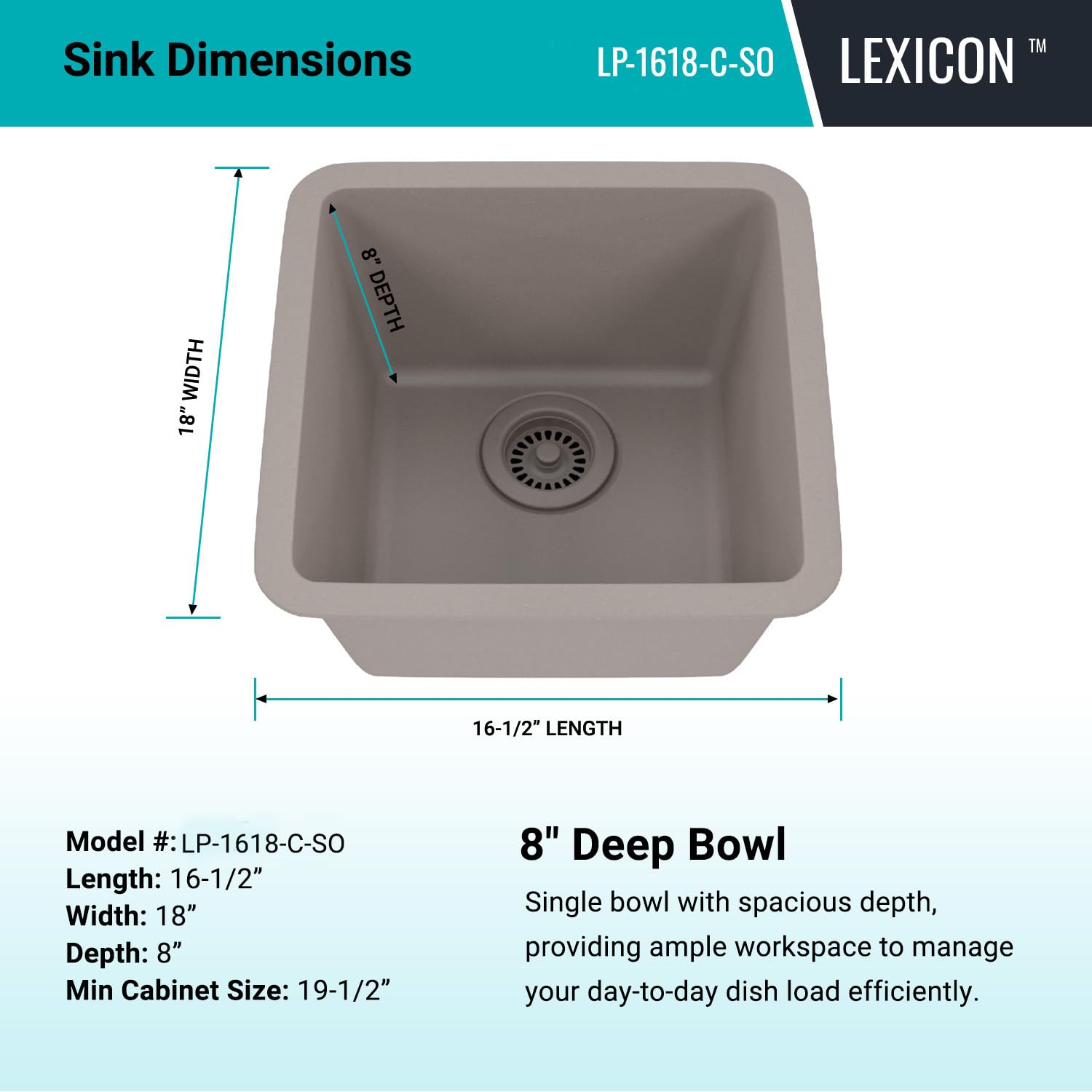 16" x 18" Quartz Kitchen Sink, Single Bowl Kitchen Sink, bar sink,Drop in Kitchen Sink, Granite Composite Kitchen Sink, Undermount Sink, Galaxy Concrete kitchen Sink, LP-1618-C-SO