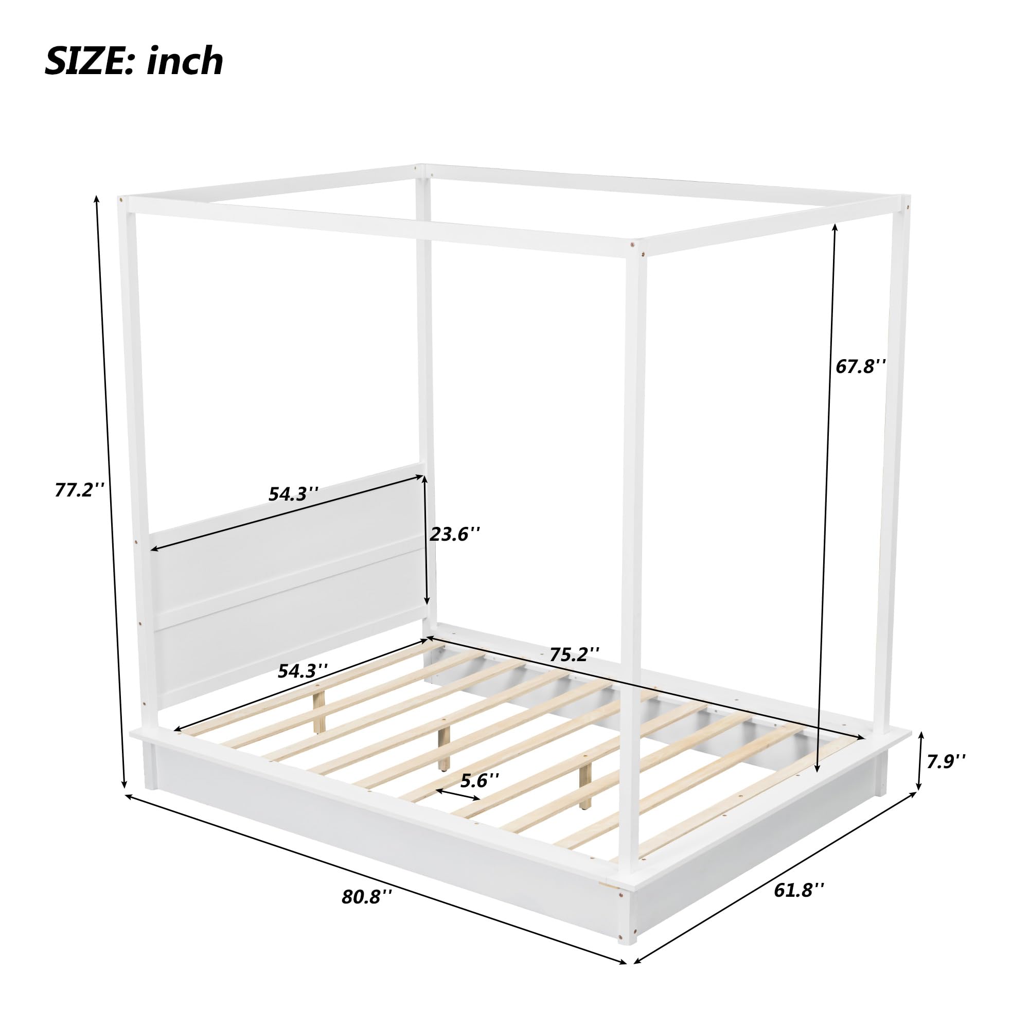 Harper & Bright Designs Full Size Canopy Bed with Headboard and LED Light, 4-Post Canopy Platform Bed Frame, Solid Wood Full Bed Frame for Kids Teens Adults - White