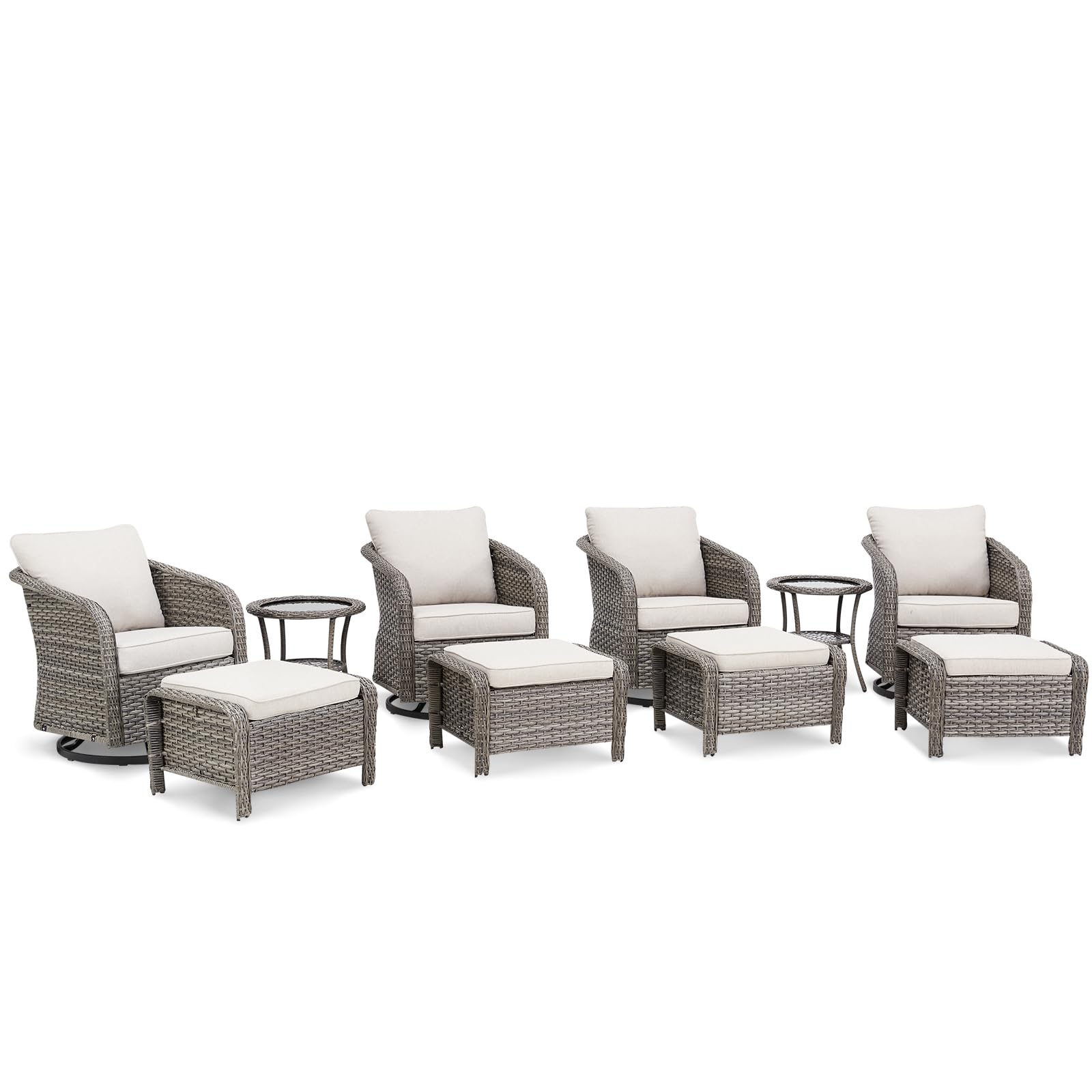 LUMIINOFAMI 10 Piece Patio Furniture Set, Patio Swivel Glider Chairs Set with Side Table and Ottoman, Barrel-Shaped Wicker Patio Bistro Set Swivel Rocker Outdoor Chairs for Patio Deck Porch