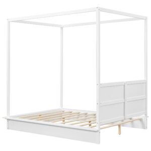 Harper & Bright Designs Full Size Canopy Bed with Headboard and LED Light, 4-Post Canopy Platform Bed Frame, Solid Wood Full Bed Frame for Kids Teens Adults - White