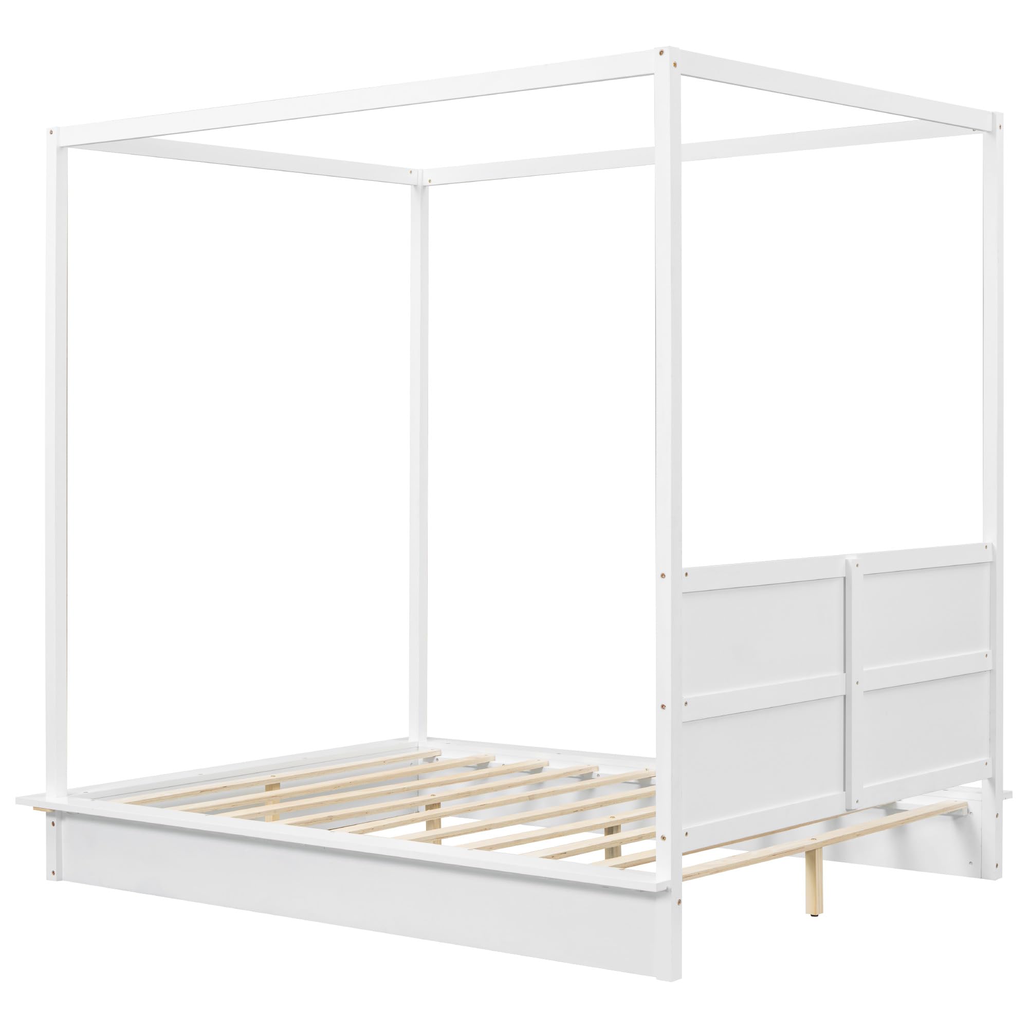 Harper & Bright Designs Full Size Canopy Bed with Headboard and LED Light, 4-Post Canopy Platform Bed Frame, Solid Wood Full Bed Frame for Kids Teens Adults - White