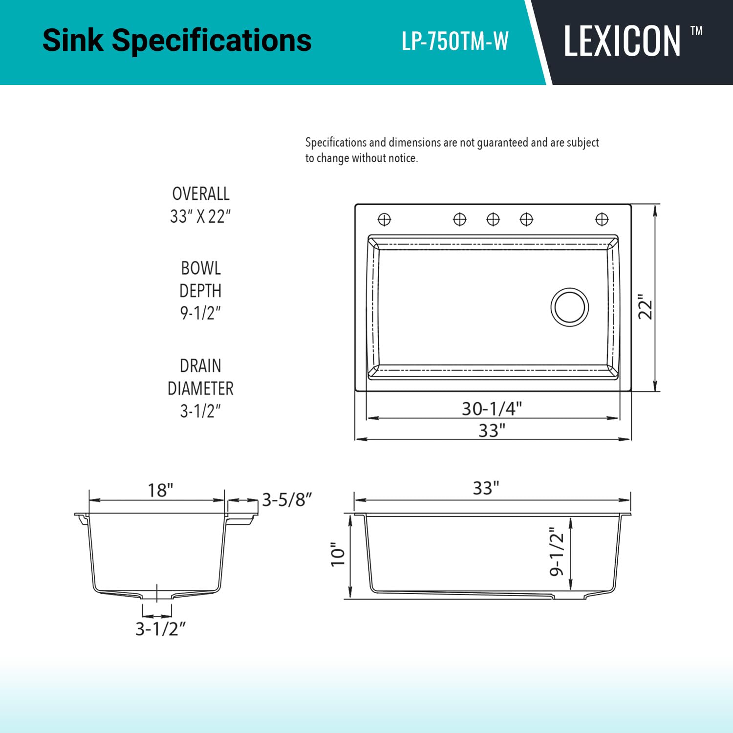 32" x 22" Workstation Sink, Single Bowl Kitchen Sinks, Drop in Kitchen Sink, Granite Composite Kitchen Sink, Quartz Undermount Sink, Galaxy White Kitchen Sink, with Grid, Strainer, Flange LP-750TM-W