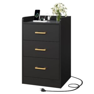 FOTOSOK Nightstands Set of 2 Black Nightstand with Charging Station, 3 Drawer Nightstand with Gold Handles, Black Nightstand for Bedroom, Modern Design End Side Table for Home, Office