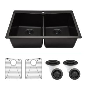 33" x 22" quartz kitchen sink, double bowl kitchen sinks, drop in sink, undermount sink, galaxy black kitchen sink, double sink kitchen, grids, strainer and flange, lexicon platinum lp-800tm-k