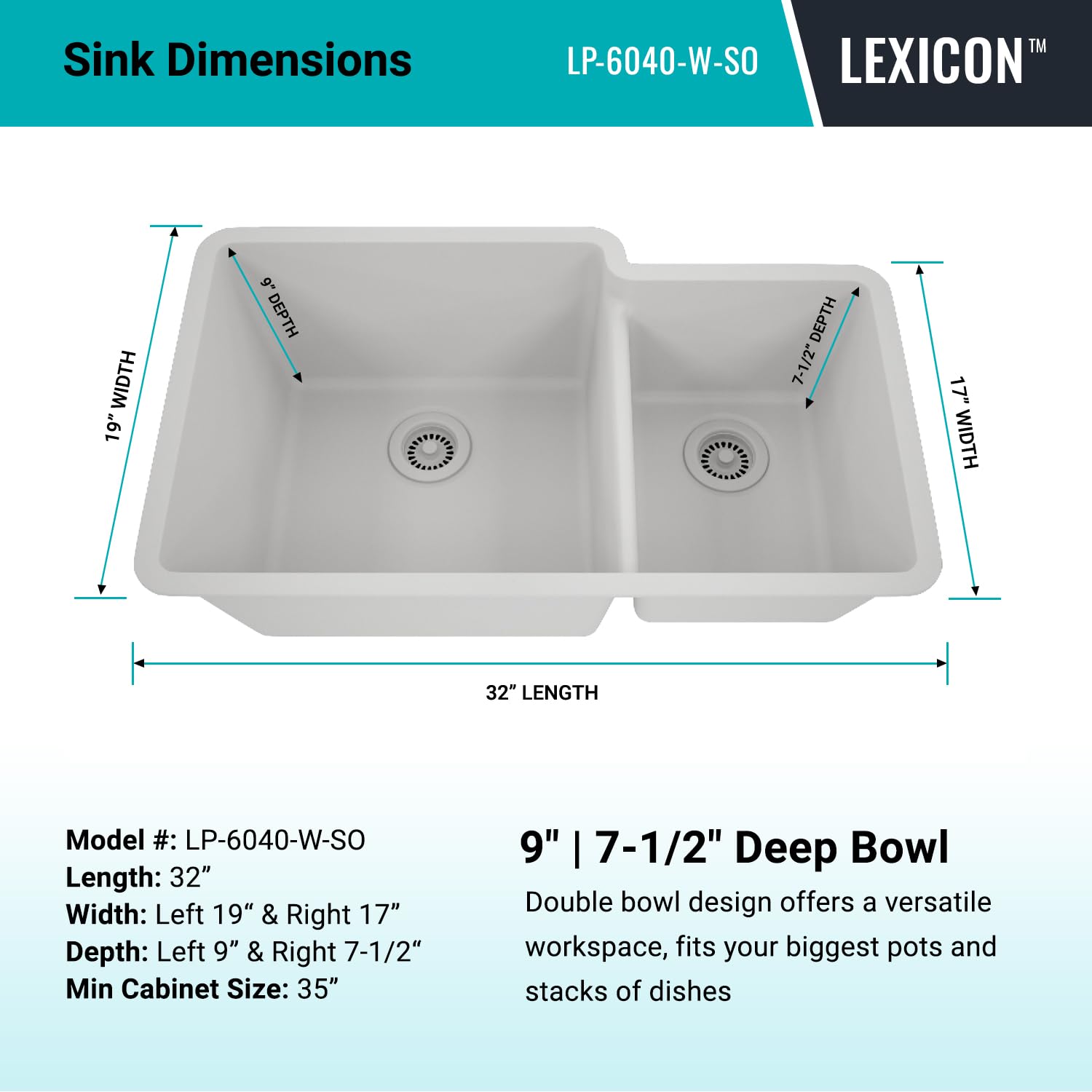 32" x 19" Quartz Kitchen Sink, 60/40 Double Bowl Sink, Drop-in Sink, Undermount Sink, Granite Kitchen Sink, White Kitchen Sink, Lexicon Platinum LP-6040-W-SO