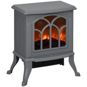 homcom 17" freestanding electric fireplace stove, fire place heater with realistic logs and flame effect and overheat protection, 750w/1500w, gray