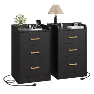 fotosok nightstands set of 2 black nightstand with charging station, 3 drawer nightstand with gold handles, black nightstand for bedroom, modern design end side table for home, office