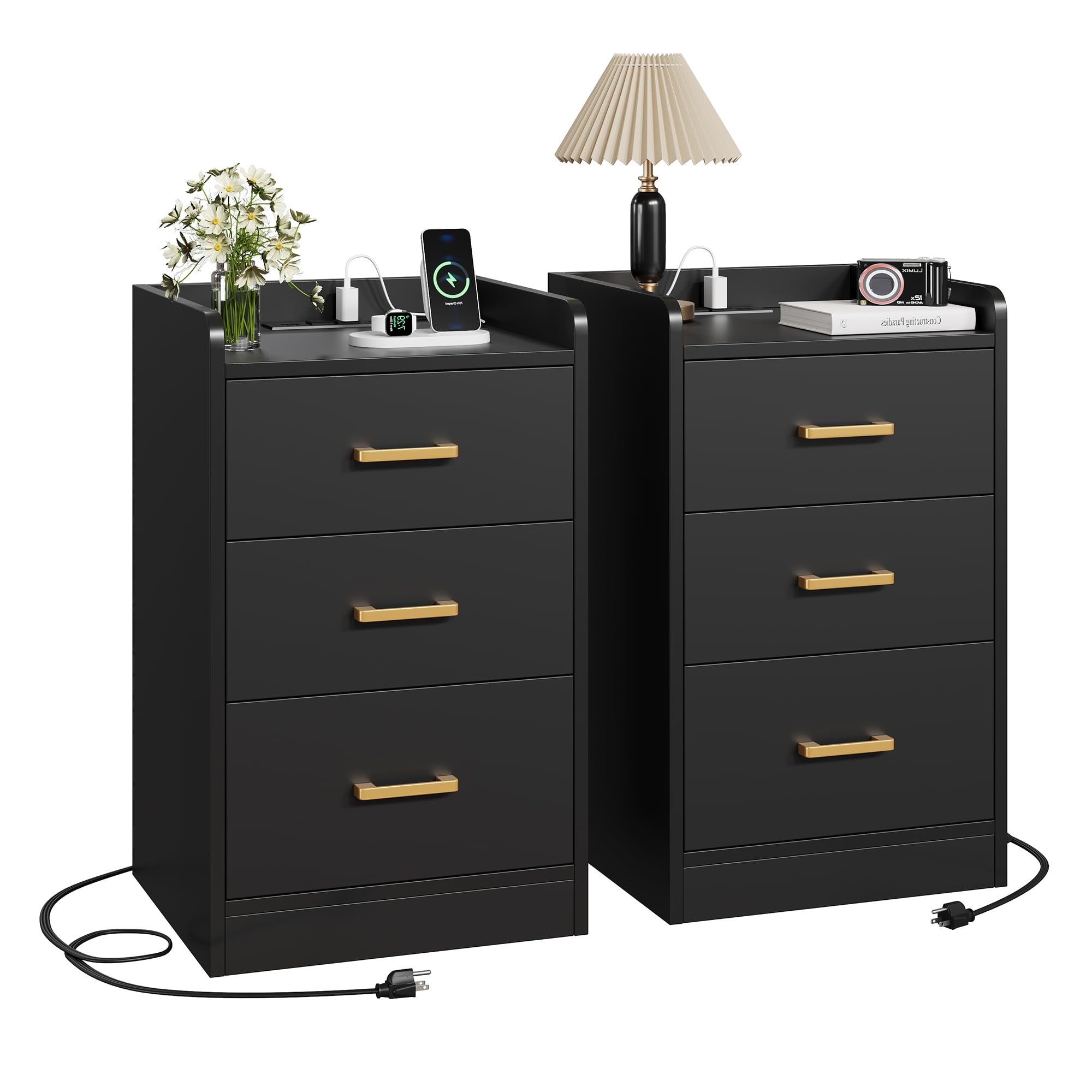 FOTOSOK Nightstands Set of 2 Black Nightstand with Charging Station, 3 Drawer Nightstand with Gold Handles, Black Nightstand for Bedroom, Modern Design End Side Table for Home, Office