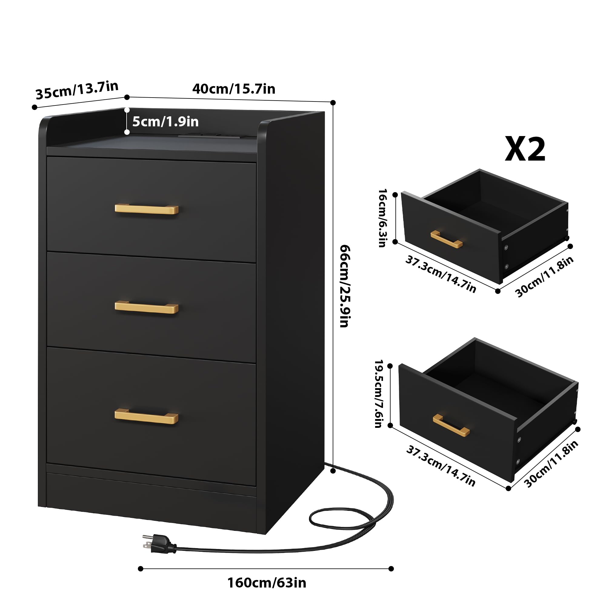 FOTOSOK Nightstands Set of 2 Black Nightstand with Charging Station, 3 Drawer Nightstand with Gold Handles, Black Nightstand for Bedroom, Modern Design End Side Table for Home, Office