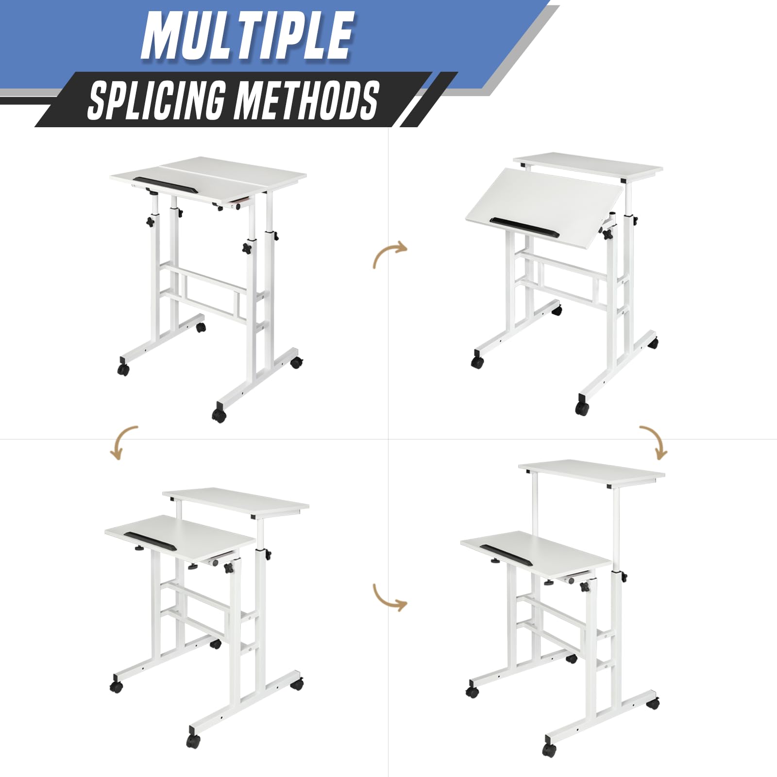 SFIHOME Small Standing Desk Adjustable Height and Angle, Computer Laptop Desk Home Office Sit Standup Desk, Portable Rolling Desk with Wheels, 2 Platforms, White