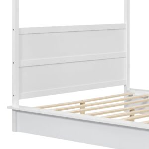 Harper & Bright Designs Full Size Canopy Bed with Headboard and LED Light, 4-Post Canopy Platform Bed Frame, Solid Wood Full Bed Frame for Kids Teens Adults - White