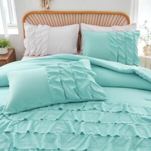 PERFEMET Teal Boho Full Size Bedding Sets for Girls, Multi Layers Ruffle Kids Comforter Set, Washed Microfiber Princess Bed Set, Farmhouse Fluffy Boho Preppy Bedding Set (Teal,Full)