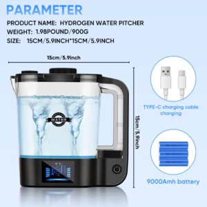 Hydrogen Water Pitcher, Upgraded 3000PPB Version Ion Membrane Hydrogen Water Bottle, 2L Large Capacity Hydrogen Water Bottle Generator Improve Water Quality, Suitable for Purified Water (Black)