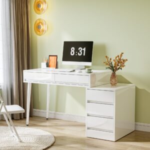 Tribesigns White Desk with 5 Drawers, High Gloss White Modern Home Office Desk with Storage Drawers and Printer Stand, Reversible Computer Desk Vanity Desk for Bedroom, Living Room