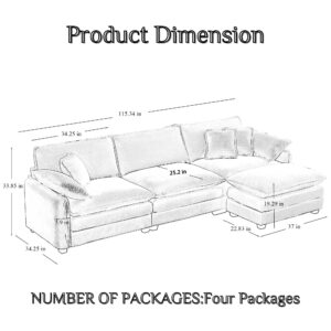 115" Modular Sectional Sofa,L Shaped Sectional Couches for Living Room,3-Seater Corduroy Upholstered Cloud Couches with Movable Ottoman and Deep Seats