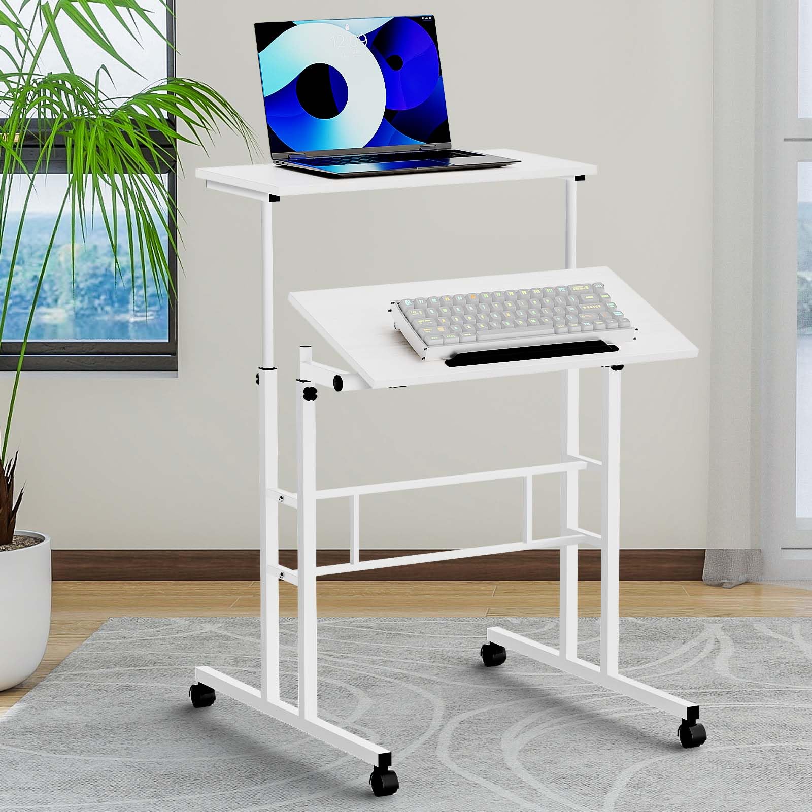 SFIHOME Small Standing Desk Adjustable Height and Angle, Computer Laptop Desk Home Office Sit Standup Desk, Portable Rolling Desk with Wheels, 2 Platforms, White