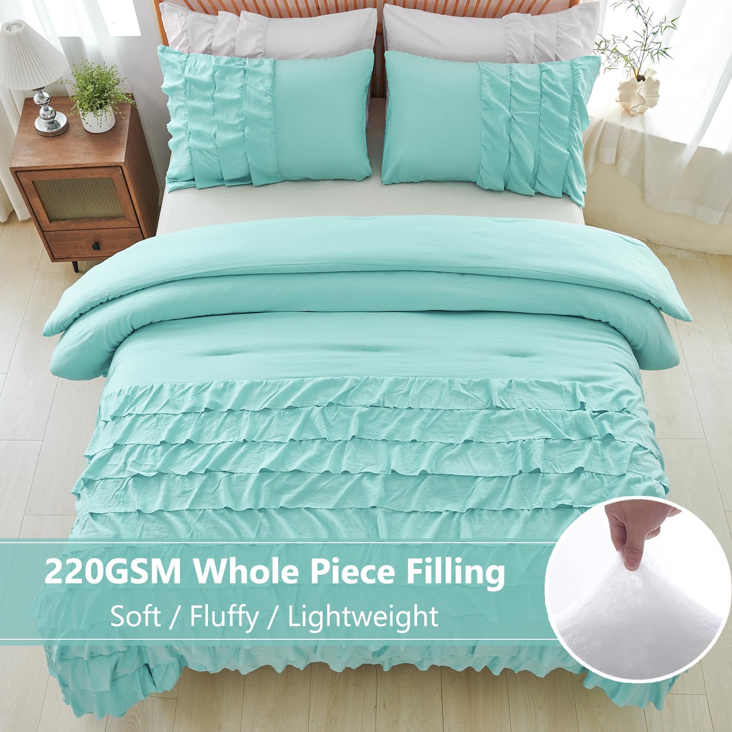 PERFEMET Teal Boho Full Size Bedding Sets for Girls, Multi Layers Ruffle Kids Comforter Set, Washed Microfiber Princess Bed Set, Farmhouse Fluffy Boho Preppy Bedding Set (Teal,Full)