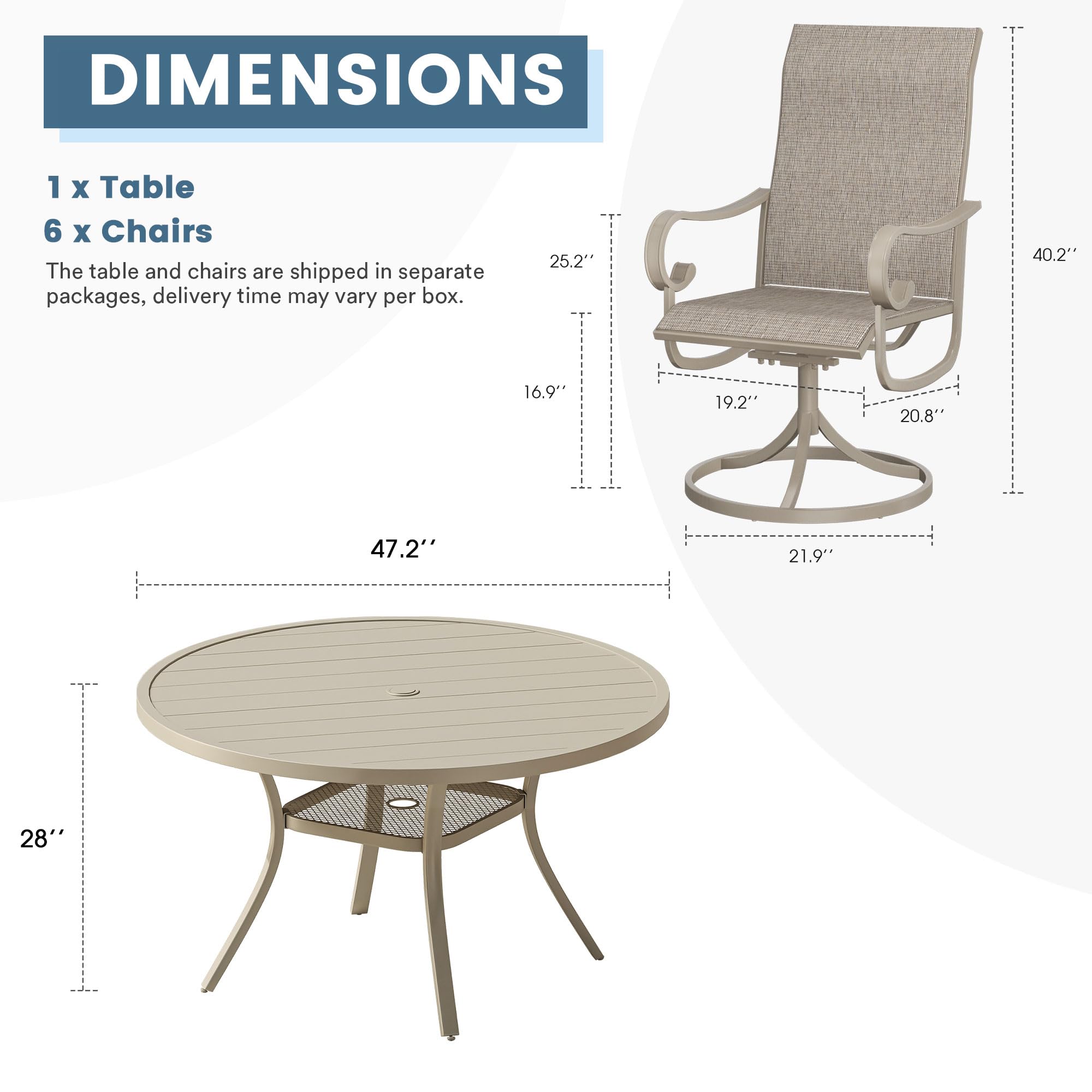 DIFY 7 PCS Patio Dining Set, Outdoor Dining Furniture Set with 47.2" Round Dining Table with Umbrella Hole & 6 Patio Swivel Curved Armrests Chairs for Yard Garden Porch Lawn, Sandshell