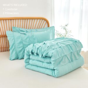 PERFEMET Teal Boho Full Size Bedding Sets for Girls, Multi Layers Ruffle Kids Comforter Set, Washed Microfiber Princess Bed Set, Farmhouse Fluffy Boho Preppy Bedding Set (Teal,Full)