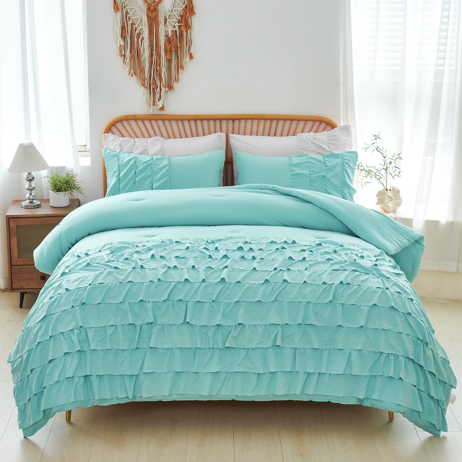 PERFEMET Teal Boho Full Size Bedding Sets for Girls, Multi Layers Ruffle Kids Comforter Set, Washed Microfiber Princess Bed Set, Farmhouse Fluffy Boho Preppy Bedding Set (Teal,Full)