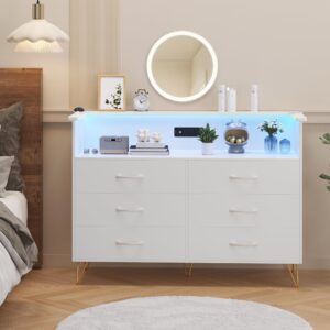 White Dresser for Bedroom with Power Outlet & LED Light, 6 Wooden Drawers Dressers with 2-Tier Open Shelves, Modern Chest of Double Wide Drawers for Living Room, Entryway, Hallway TV Stand