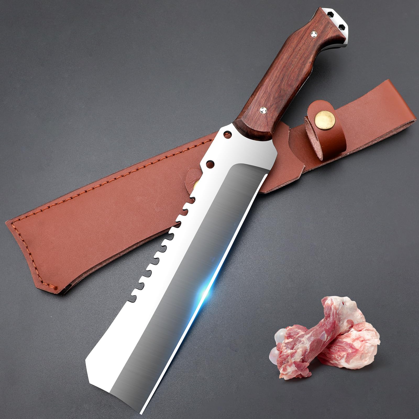 VARLEA Meat Cleaver Heavy Duty Butcher Full Tang Knife with Sheath,Chef's Knives,Vegetable Cleaver Knife Chopper,Machete for Kitchen Outdoor Camping BBQ (7.7)