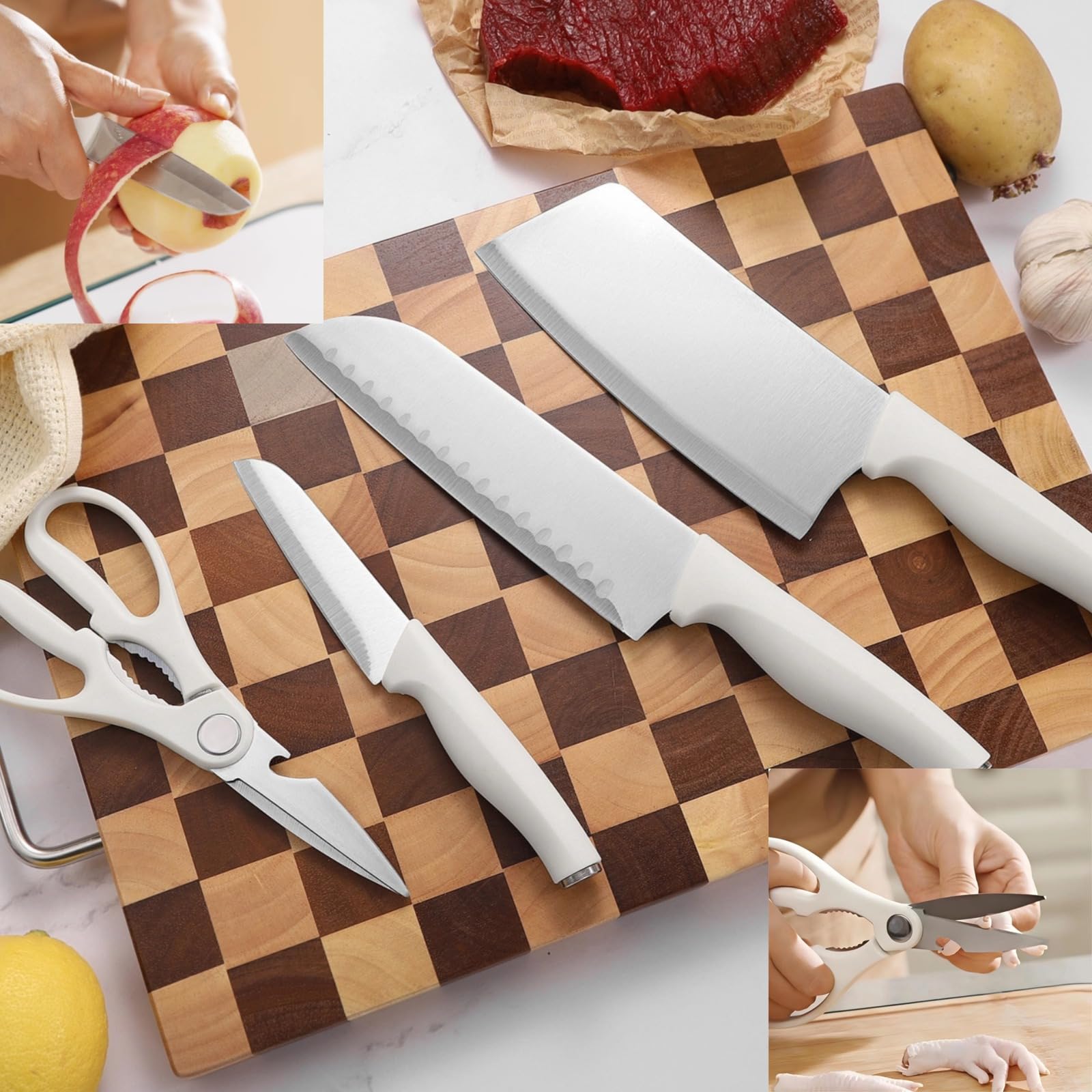 White Knife Block Set, 4PCS Kitchen Knife Set with Block for Home Restaurant, Dishwasher Safe, Non-Stick SUS Material, Nice Gift for Family, Friends