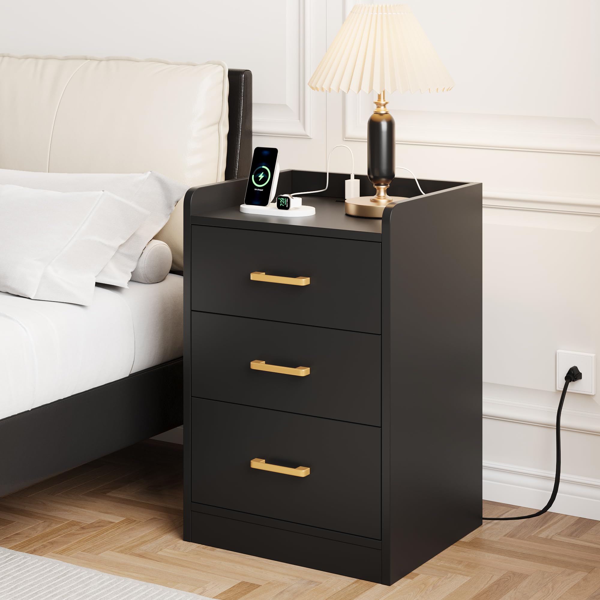 FOTOSOK Nightstands Set of 2 Black Nightstand with Charging Station, 3 Drawer Nightstand with Gold Handles, Black Nightstand for Bedroom, Modern Design End Side Table for Home, Office