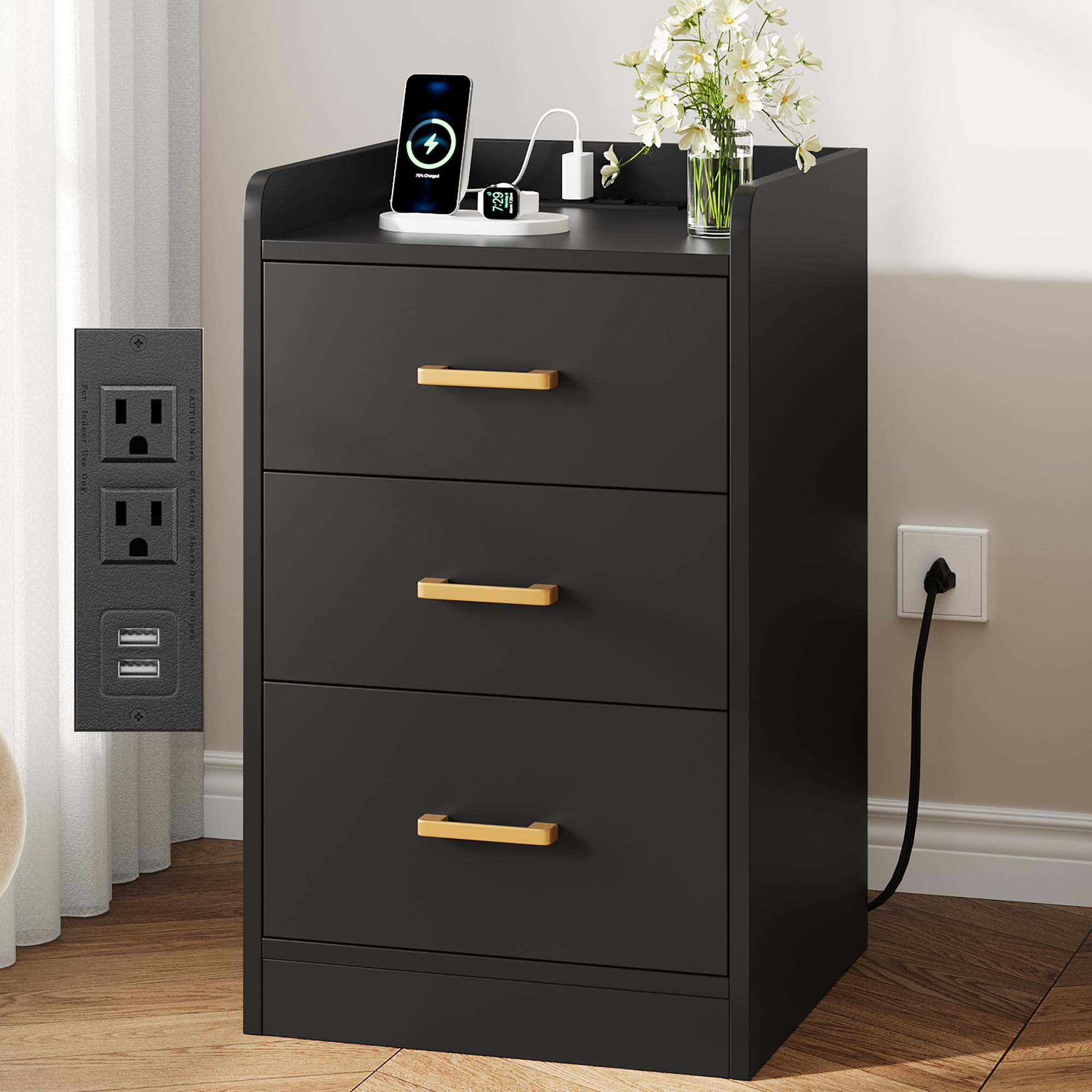 FOTOSOK Nightstands Set of 2 Black Nightstand with Charging Station, 3 Drawer Nightstand with Gold Handles, Black Nightstand for Bedroom, Modern Design End Side Table for Home, Office