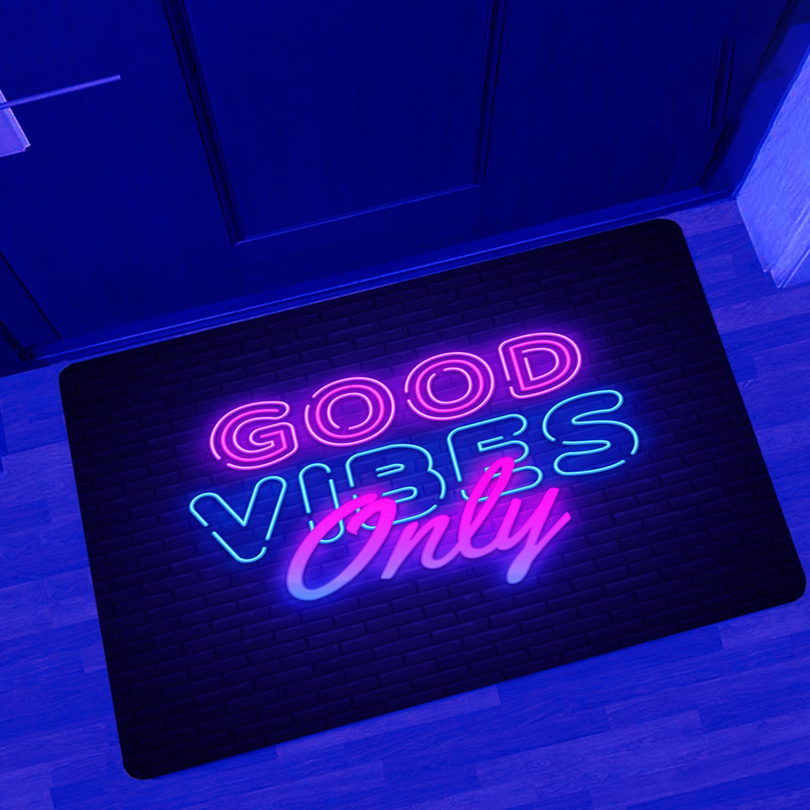 Manicer Neon Area Rug, Blacklight Good Vibes Only UV Reactive Non-Slip Door Throw Rug Fluorescent Flannel Floor Mat Carpet, Glow in The Dark Play Mat for Bedroom, Playroom - 19.7" x 31.5"