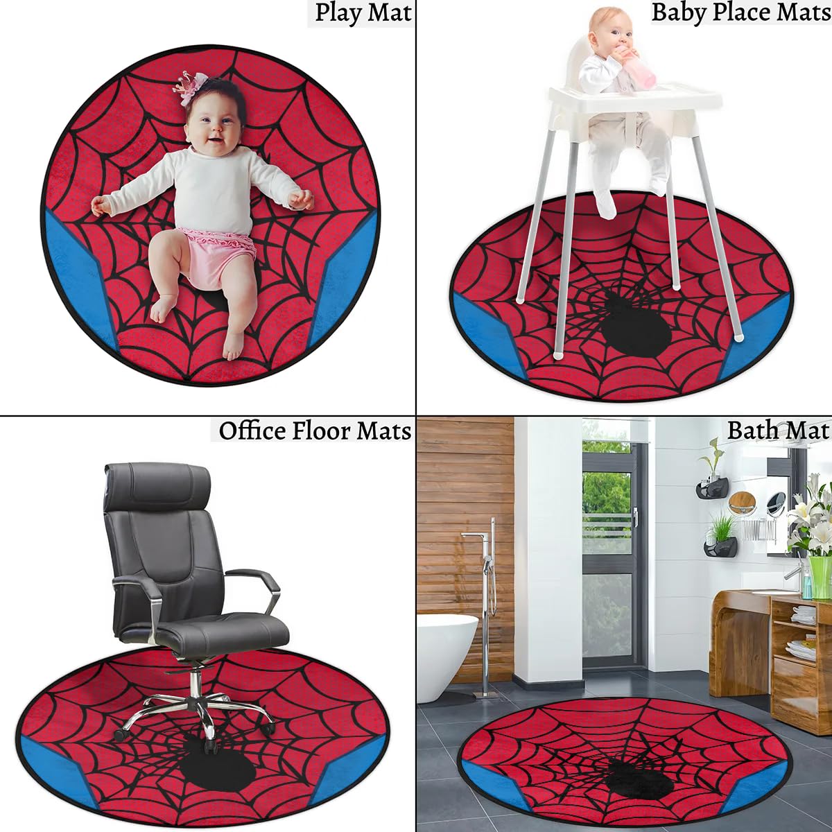 Red Spider Web Round Area Rug Large Aesthetic Area Rugs for Kids Room Nursery Decorations, 3 ft Diameter Cool Non-Slip Doormat Floor Carpet Decor