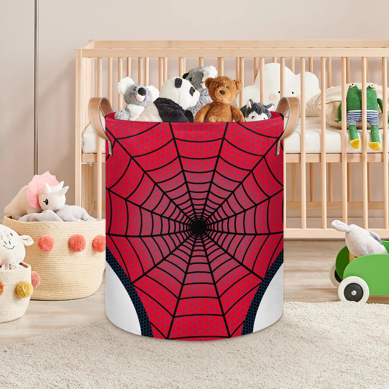 Large Laundry Hamper Basket Red Spider Web Round Collapsible Storage Organizer Bin for Kids, Boys, Nursery, Closet, Bedroom, Playroom, Toys, Dirty Clothes, 16"W x 20"H