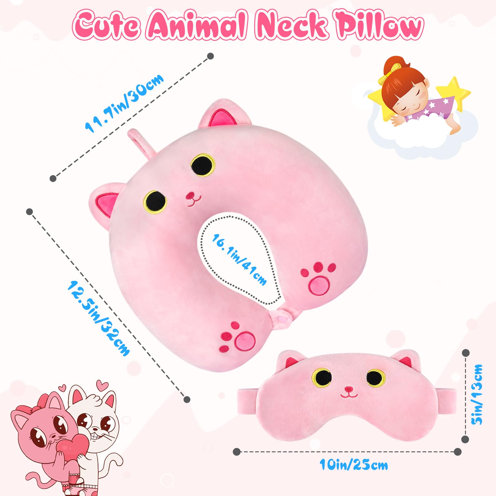 Prewplam Travel Neck Pillow for Kids, Cute Cat Pillow with Eye Mask for Sleeping Journey, U-Shaped Neck Pillow for Traveling,Rest Neck Support for Long Flights Cars,Birthday Gifts(Pinks)