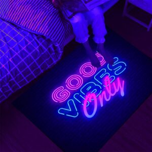 manicer neon area rug, blacklight good vibes only uv reactive non-slip door throw rug fluorescent flannel floor mat carpet, glow in the dark play mat for bedroom, playroom - 19.7" x 31.5"