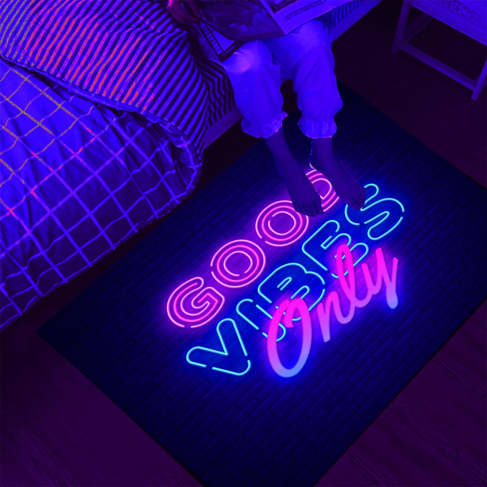 Manicer Neon Area Rug, Blacklight Good Vibes Only UV Reactive Non-Slip Door Throw Rug Fluorescent Flannel Floor Mat Carpet, Glow in The Dark Play Mat for Bedroom, Playroom - 19.7" x 31.5"